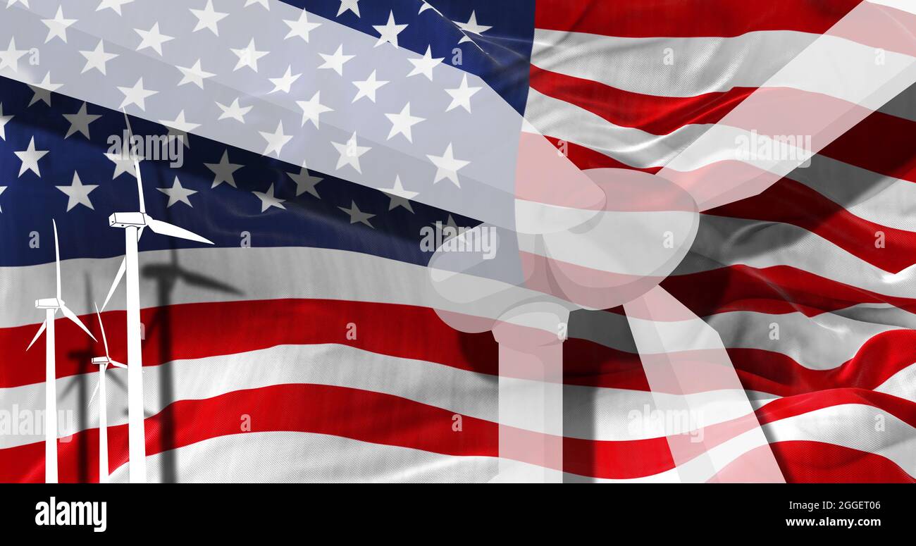 Wind turbines on background of USA flag. sustainable development ...