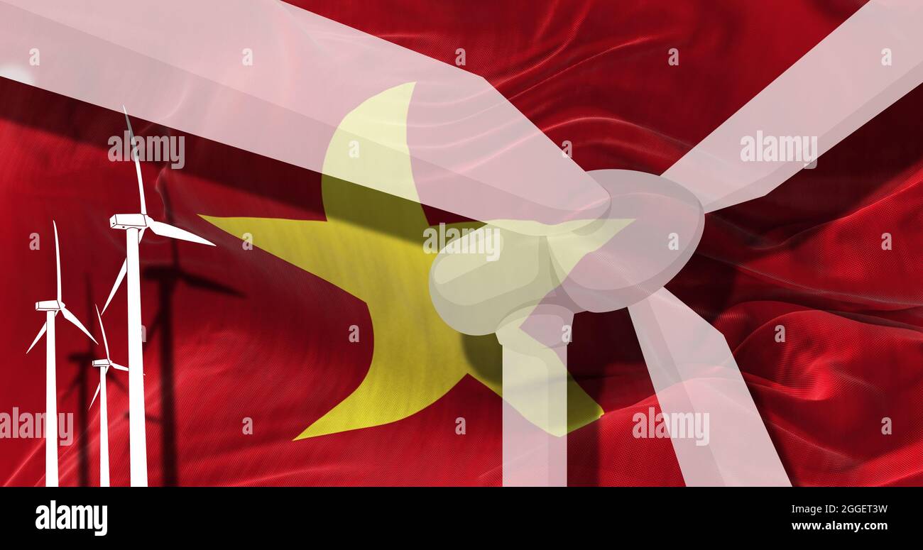 Wind turbines on background of Vietnam flag. sustainable development ...