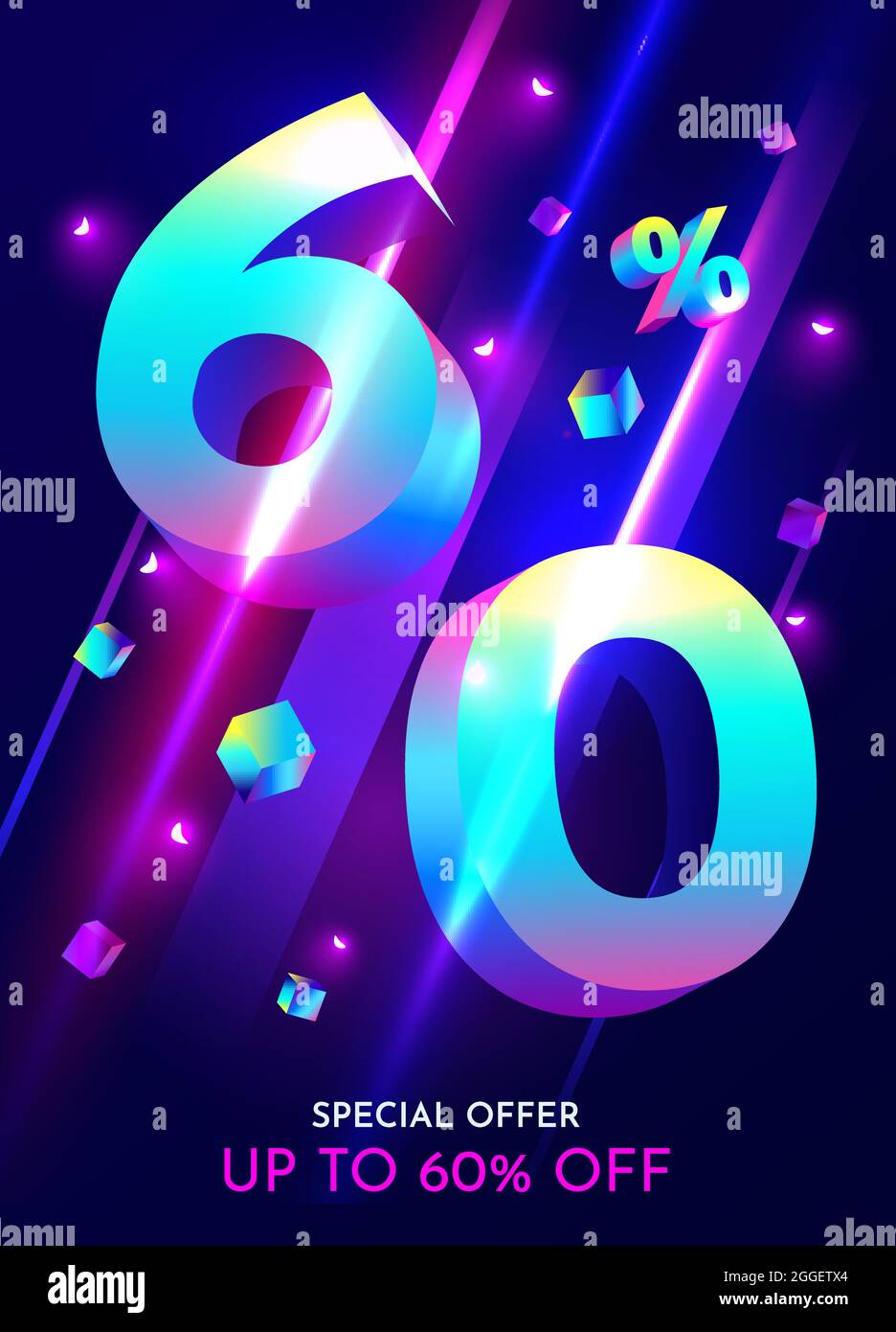 60 percent Off. Discount creative composition. Mega sale neon banner ...