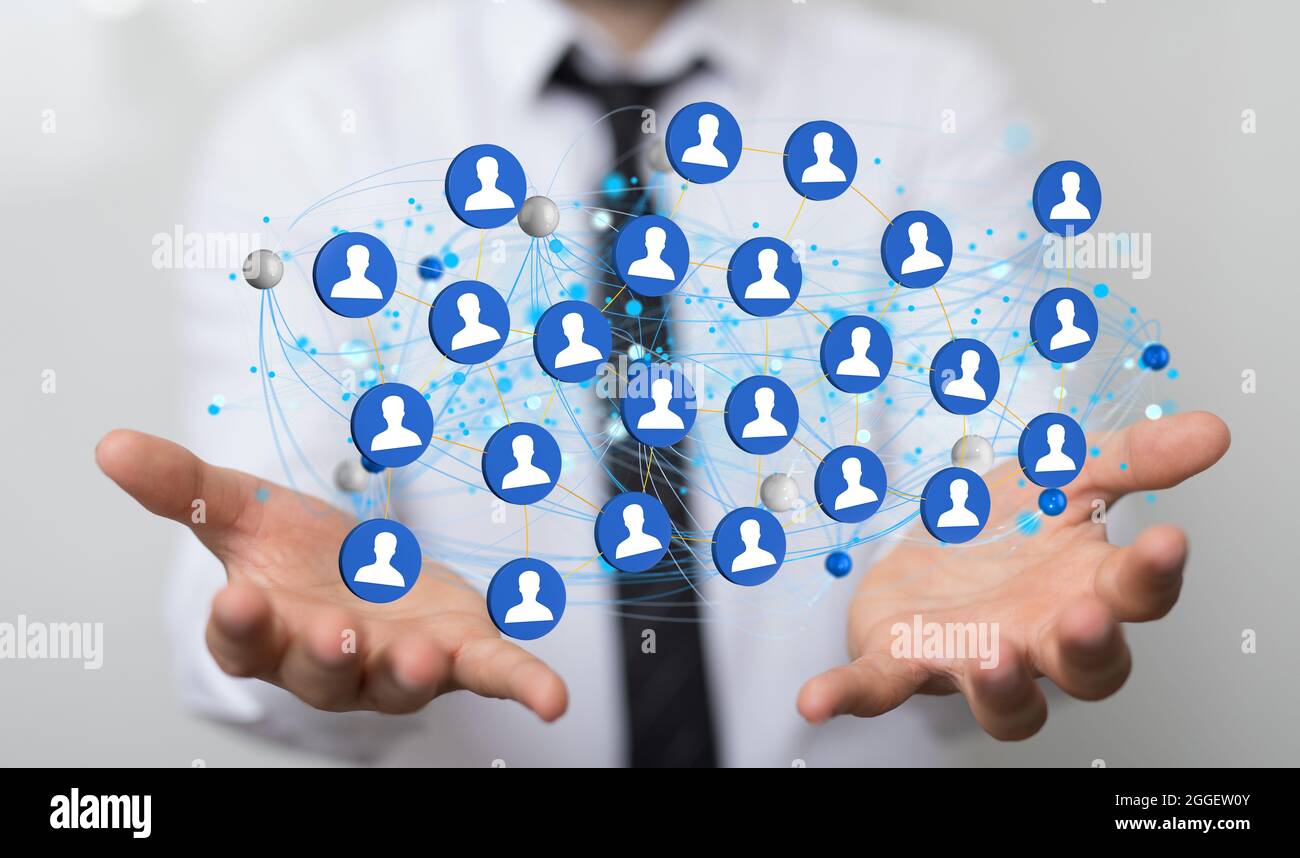 3D rendered profile icons hovering over the person's hands Stock Photo ...