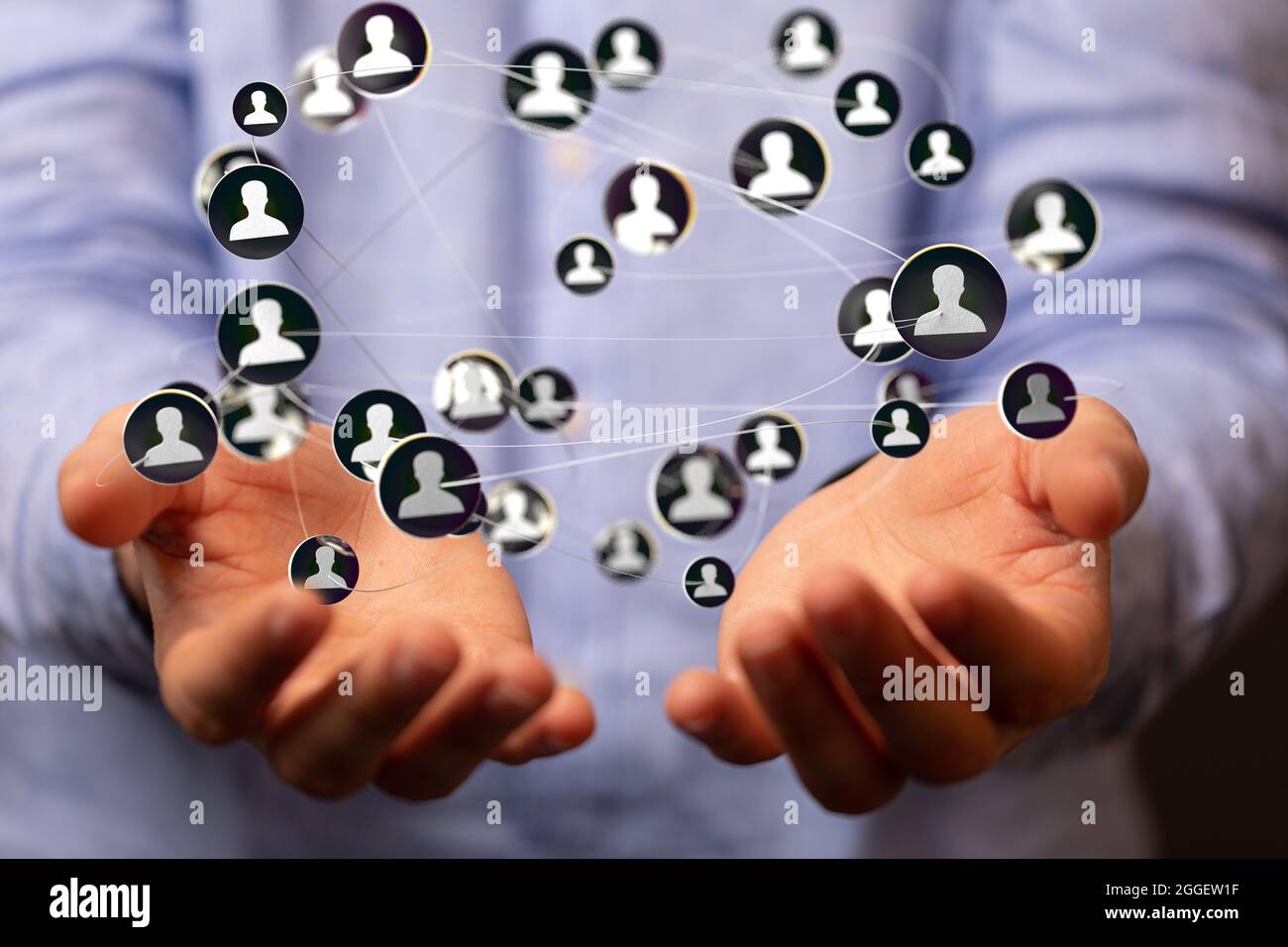 3D rendered profile icons hovering over the person's hands Stock Photo ...