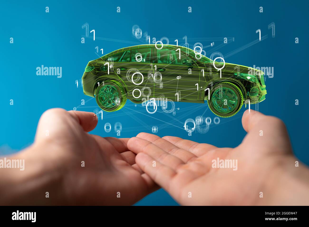 3D rendered hologram of a car with binary numbers hovering over hands ...