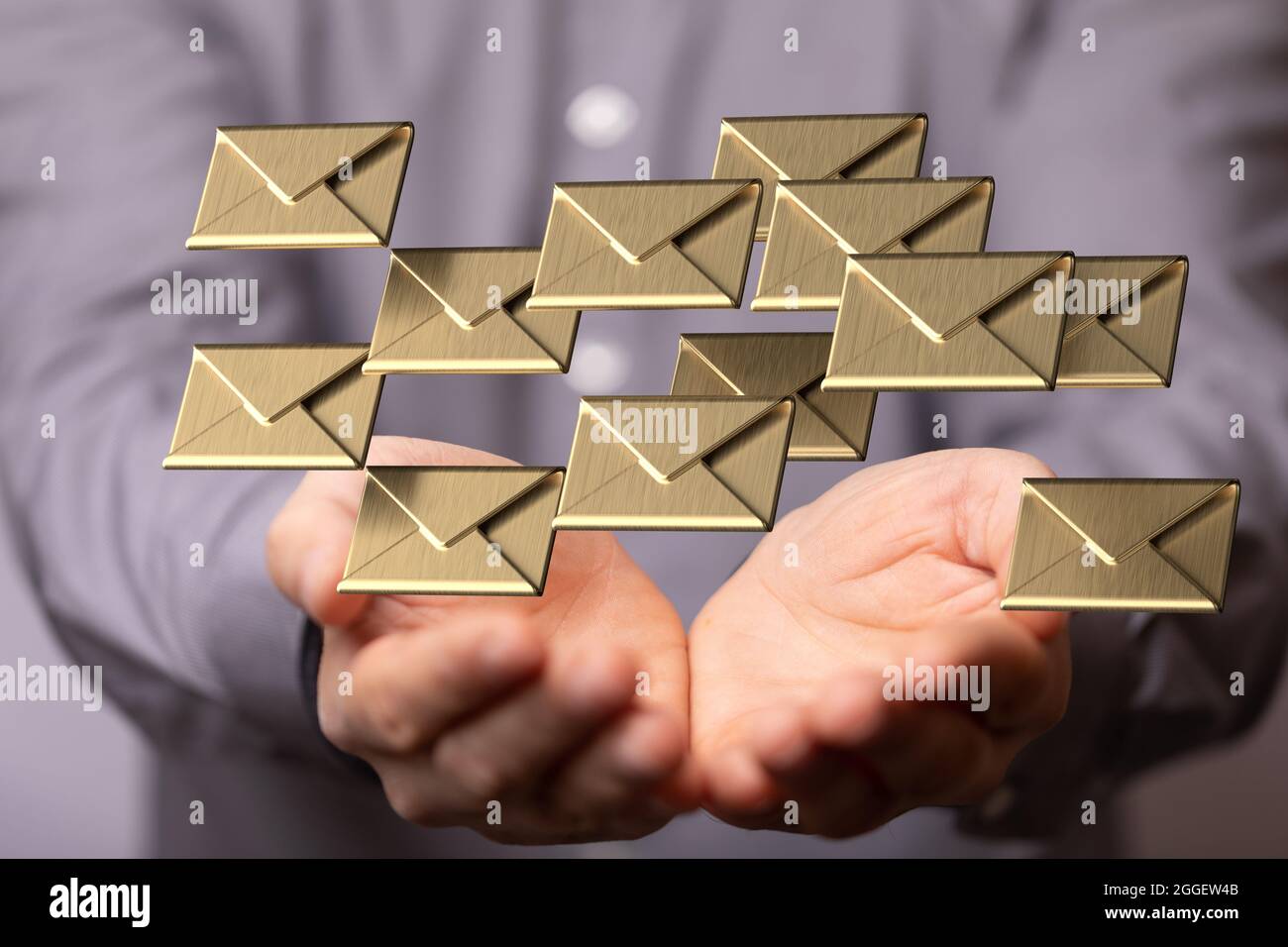 Small 3D rendered message icons hovering above the man's hands Stock ...