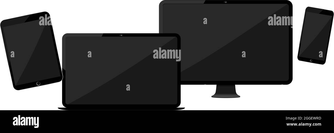 Realistic black laptop,smartphone, tablet with black screen and shadow ...