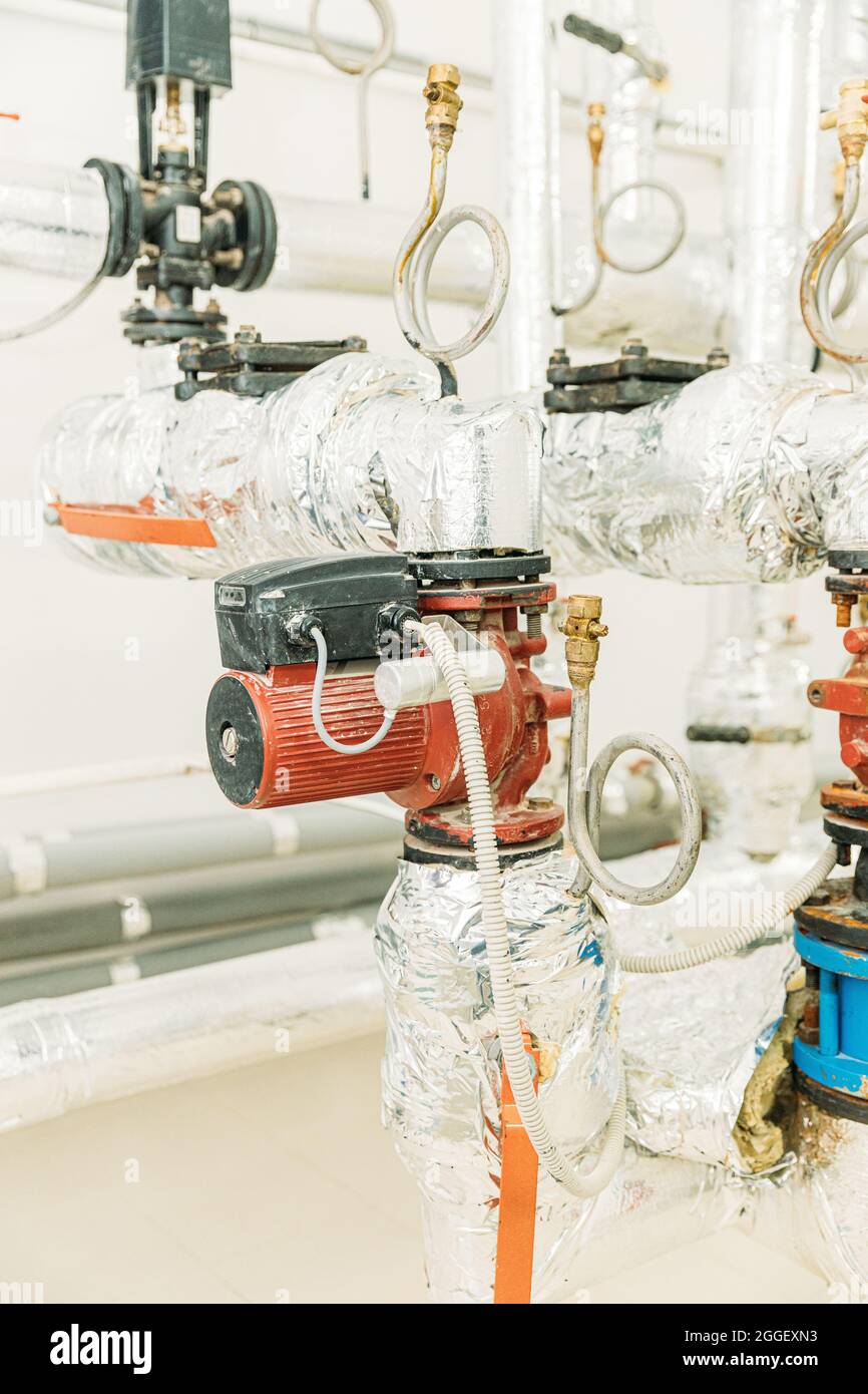Boiler Room With Pipes, Valves, Pumps. Close Up. Detail Stock Photo - Alamy
