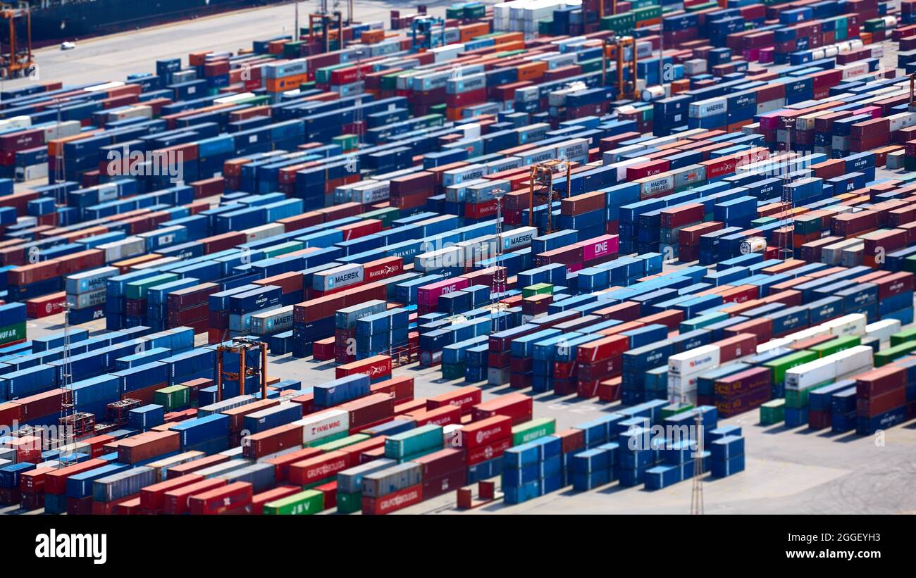 Barcelona, Spain - April 8, 2019: Industrial Port for freight transport ...