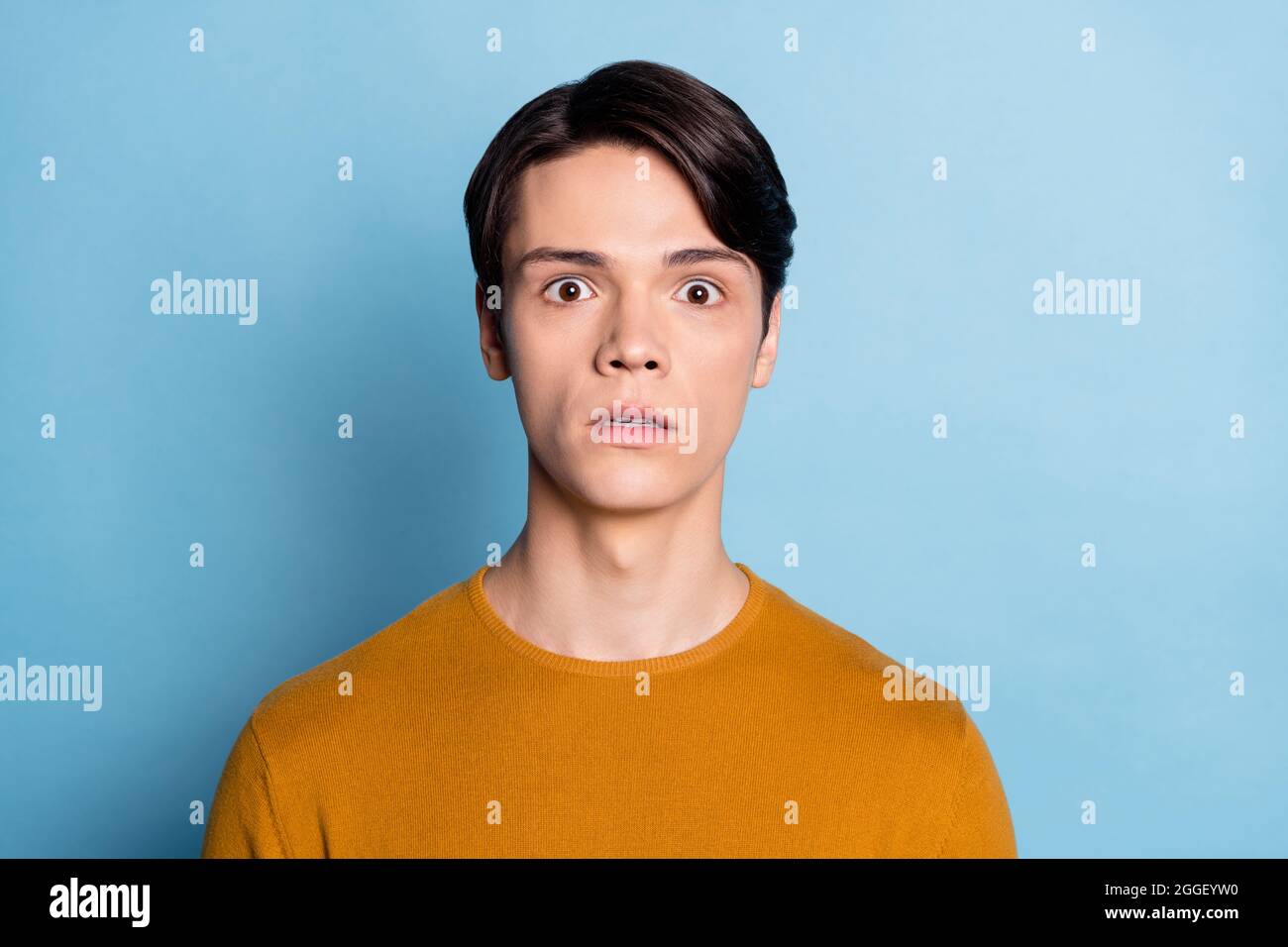 Photo of young guy unhappy sad upset scared fear horror fail problem ...