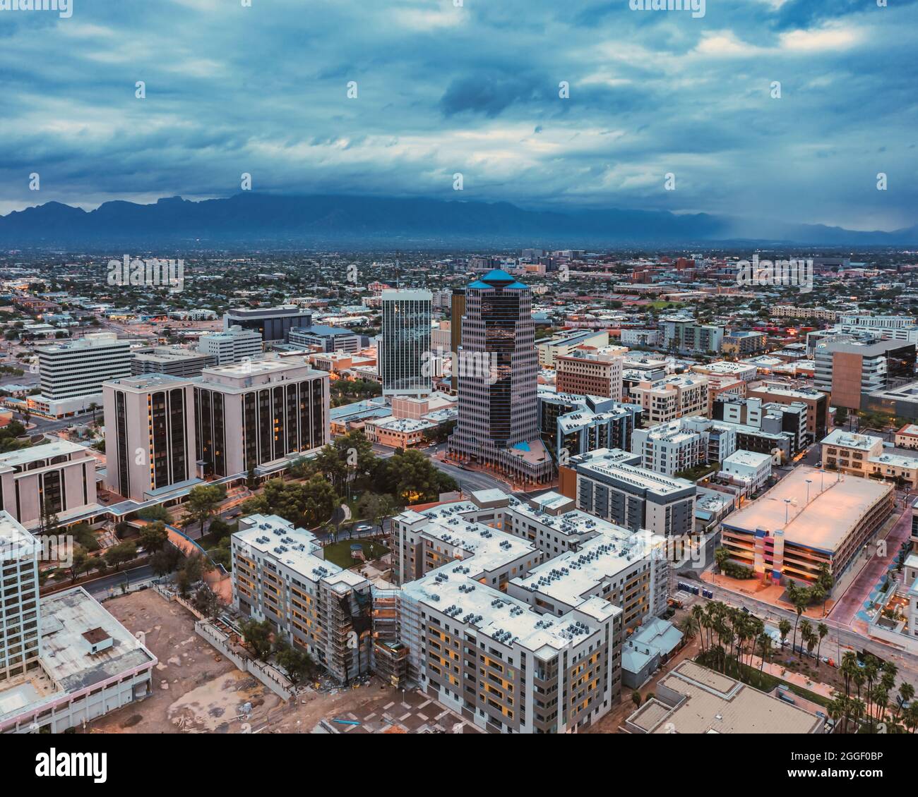 Drone view of downtown Tucson, Arizona at dusk Stock Photo - Alamy