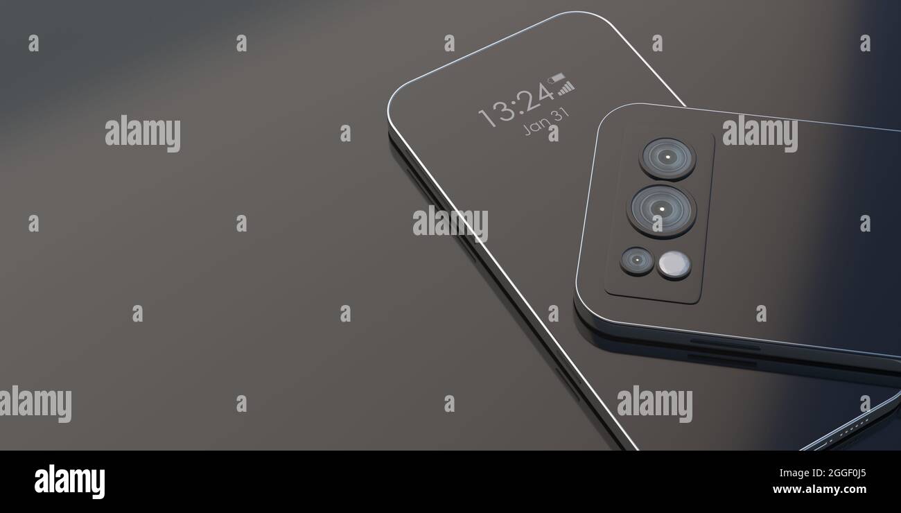 Mobile phone triple camera and flash on back side, date and time on ...