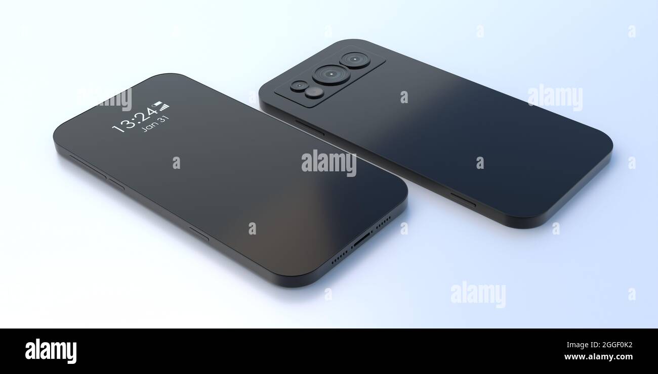 Smartphone front empty screen and triple camera and flash on back side ...