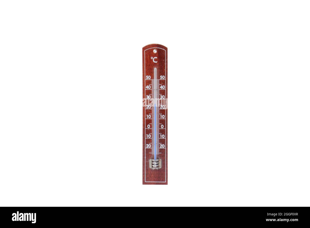 Wooden wall thermometer with blue mercury inside. isolated. White ...