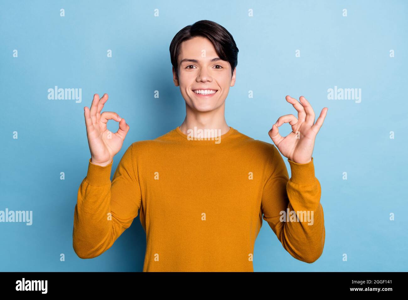 Photo of positive reliable guy toothy smile show two okey sign wear ...