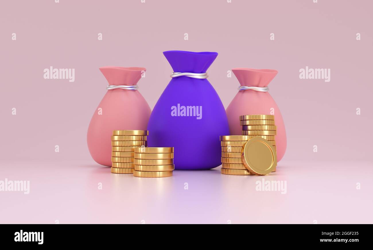 Money bags and stacks of golden coins on pink background. saving bank ...
