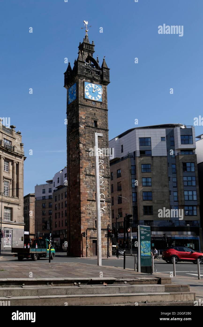 Merchant City sign and Tolboth steeple at Glasgow Cross,Glasgow city ...