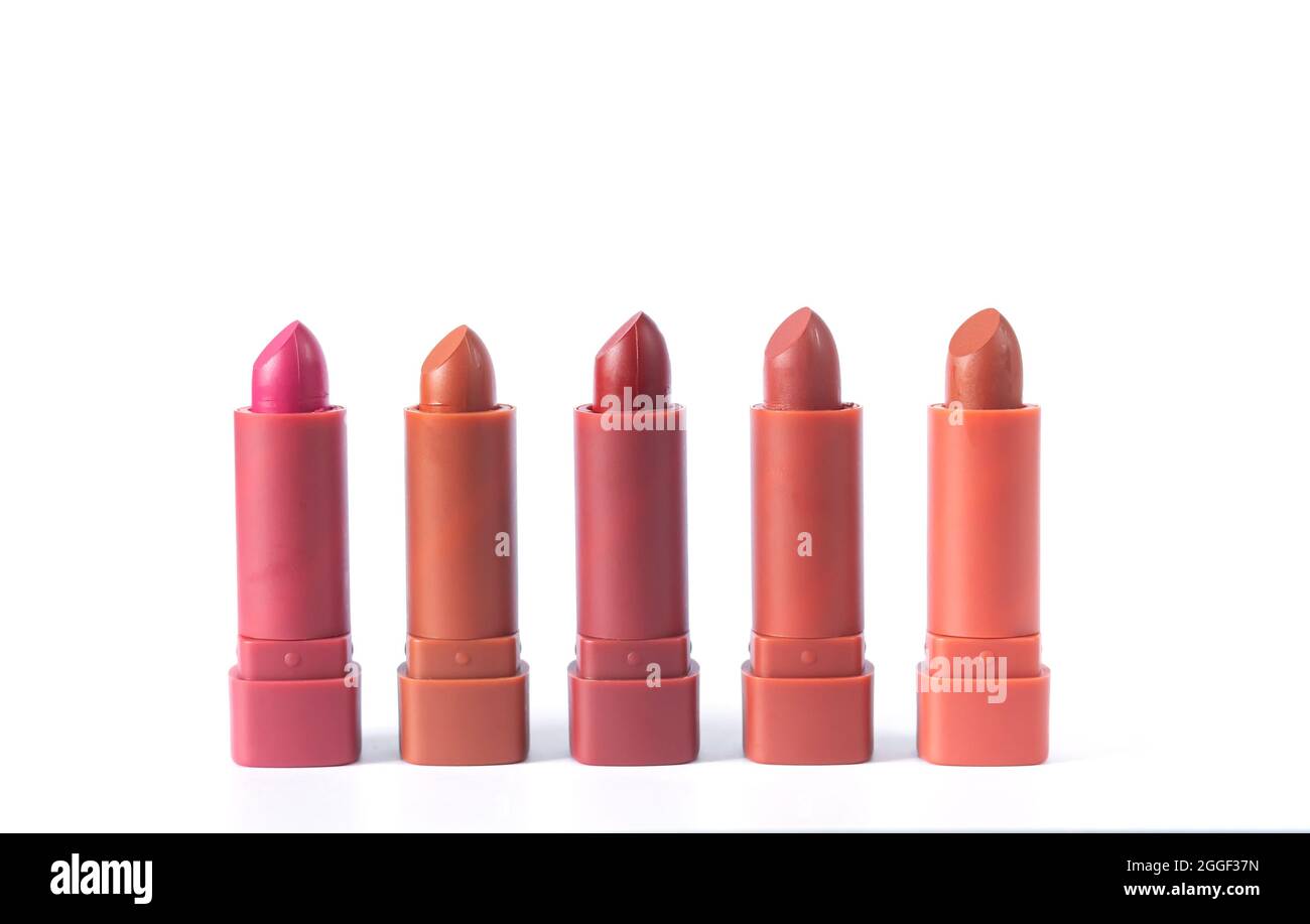 Fashion lipsticks palette in red, brown and pink colors isolated on ...