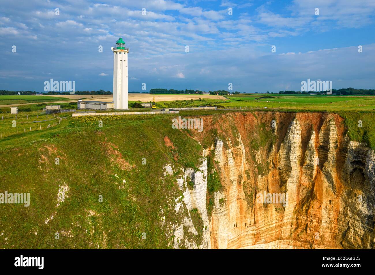 Aerial shot of Antifer lighthouse and limestone cliffs in Normandy ...