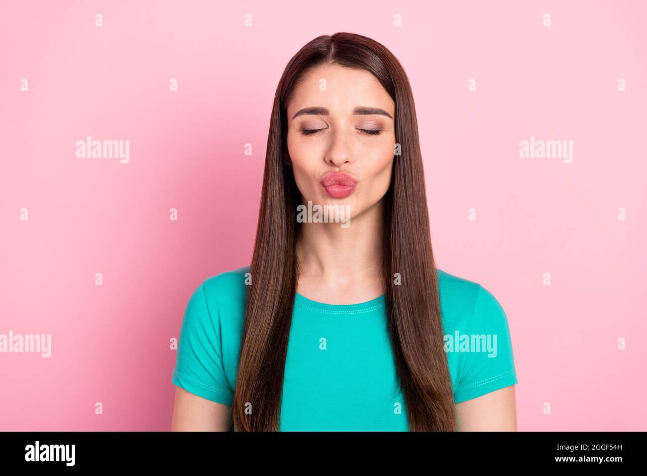 Photo of young attractive woman pouted lips send air kiss romantic love ...