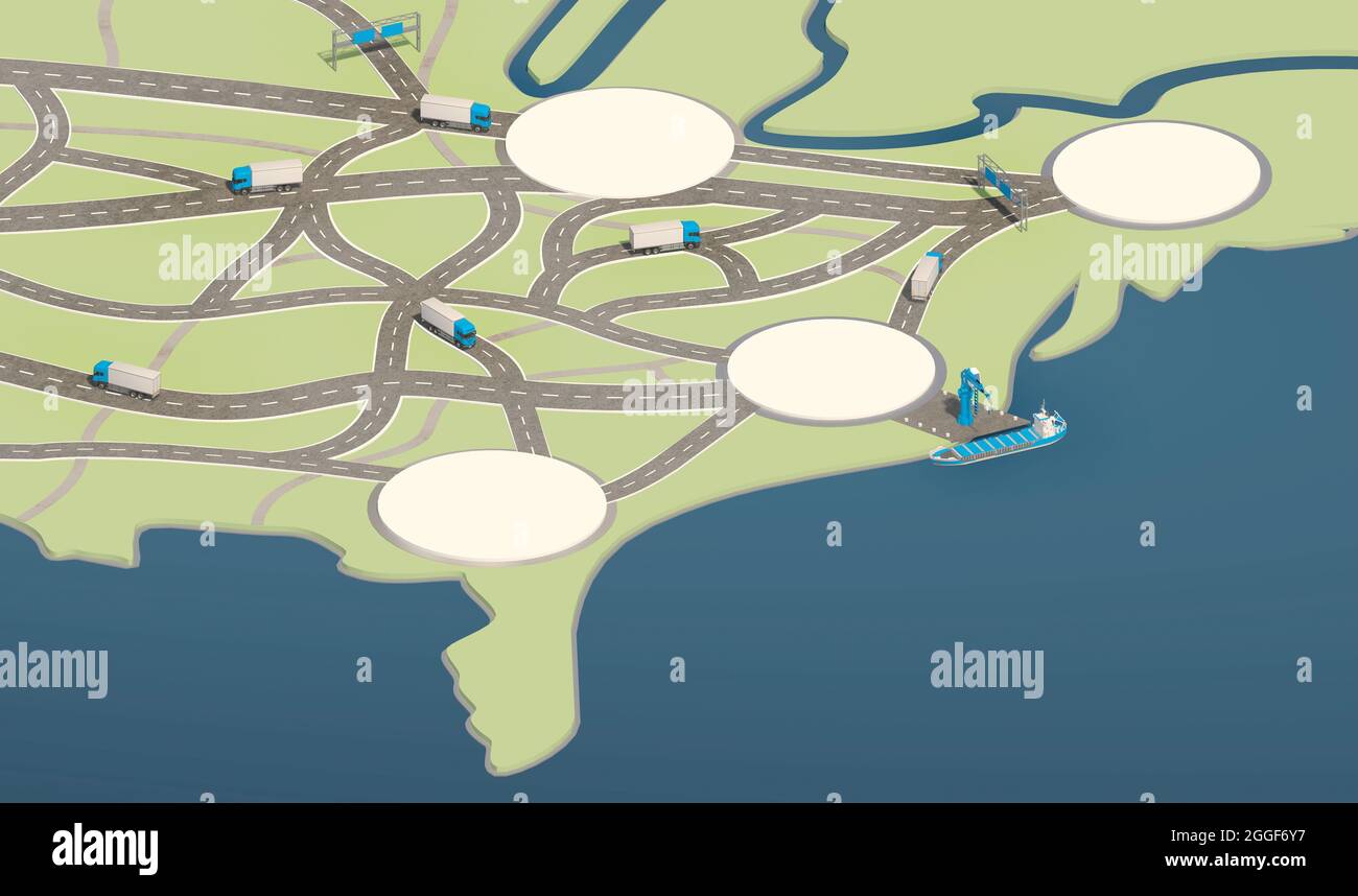 mockup point on the coast map with unloading ship and trucks on the ...