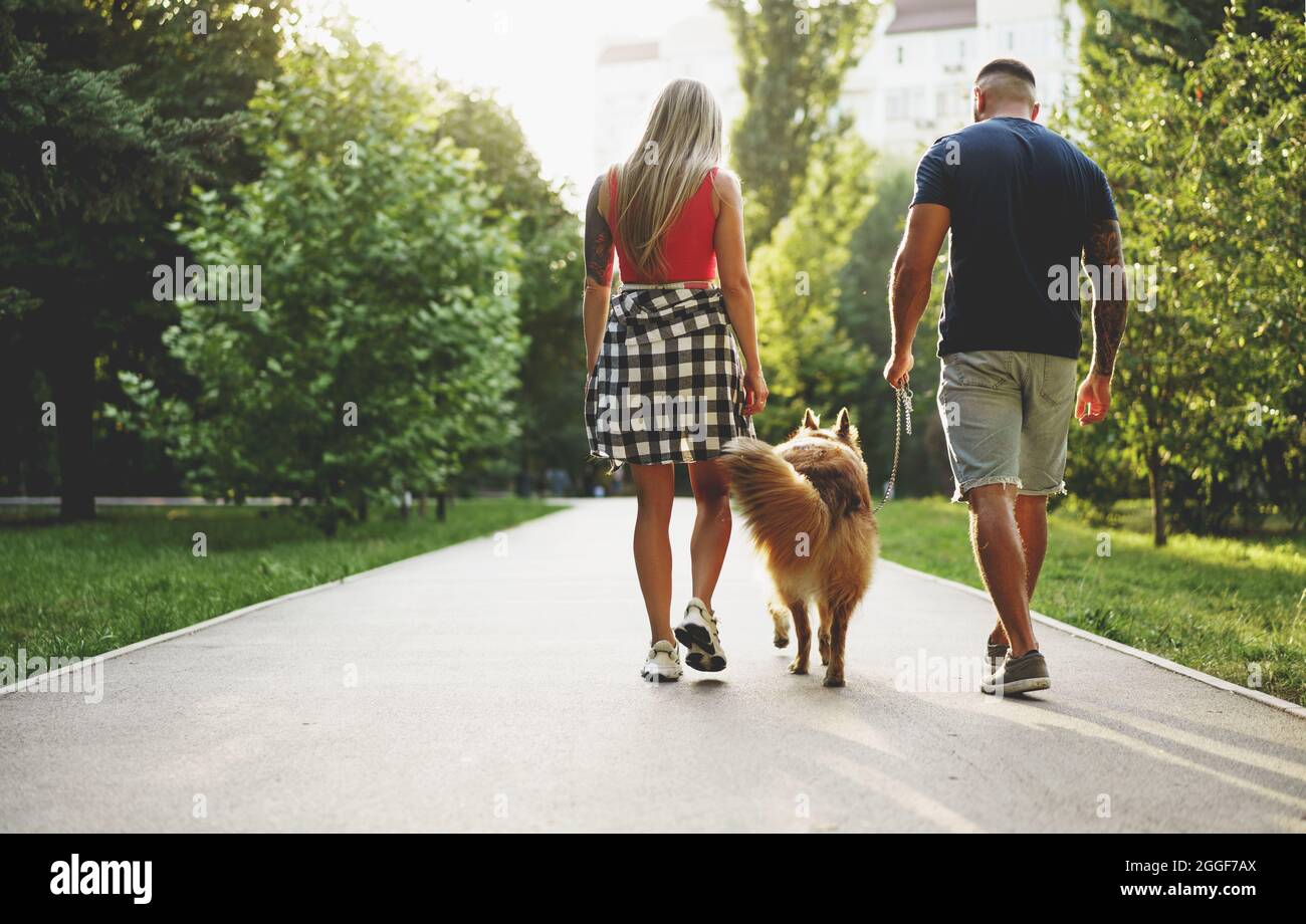 Young beautiful couple walking the dog in the summer park Stock Photo ...