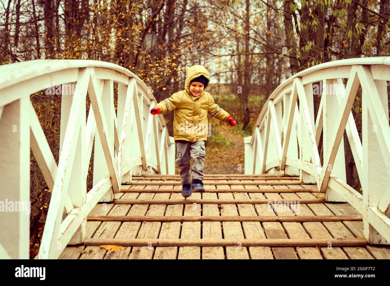 little happy four year old kid boy in autumn clothes runs and jumps on ...