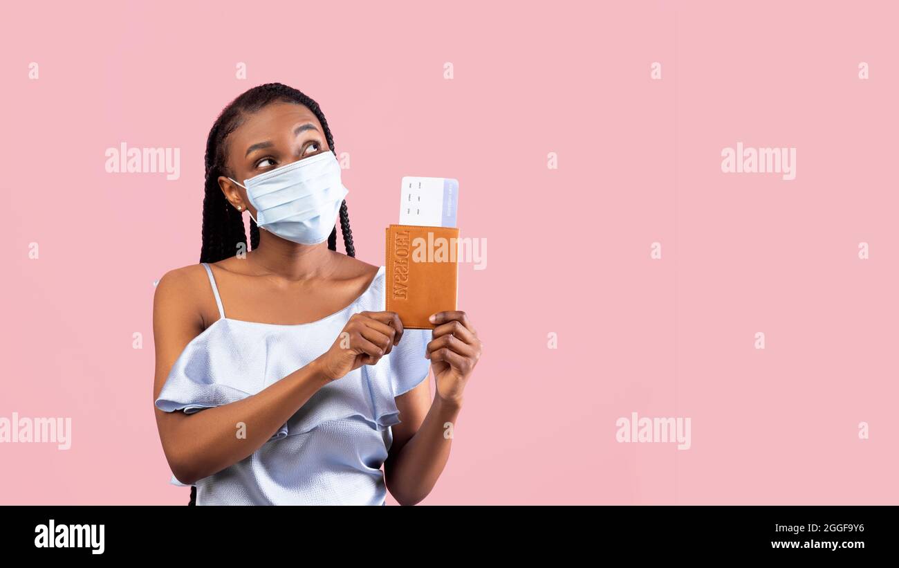 Travel during covid-19 pandemic. Portrait of black female tourist in ...