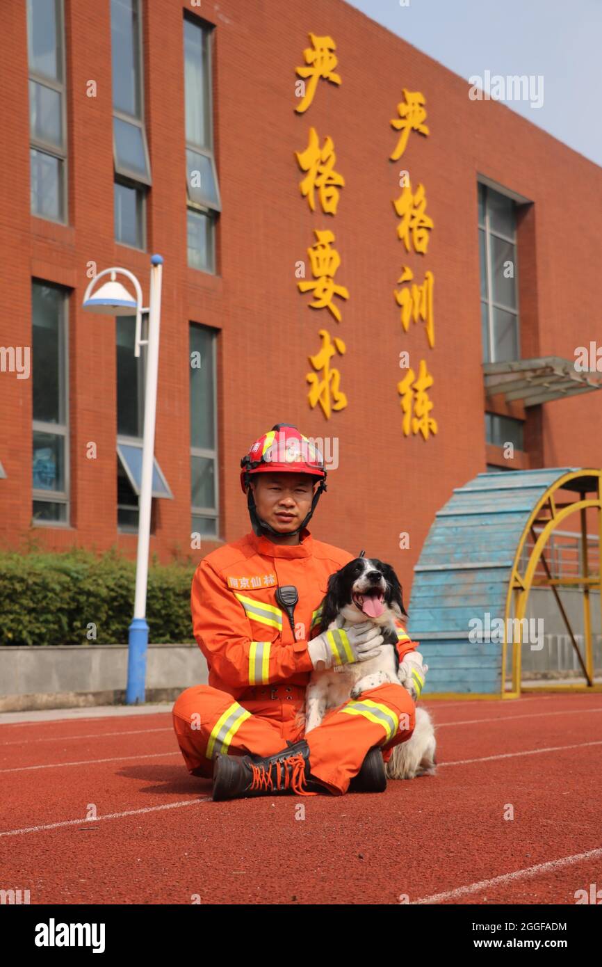 Nanjing. 31st Aug, 2021. Ouyang Honghong, a fire department dog handler ...