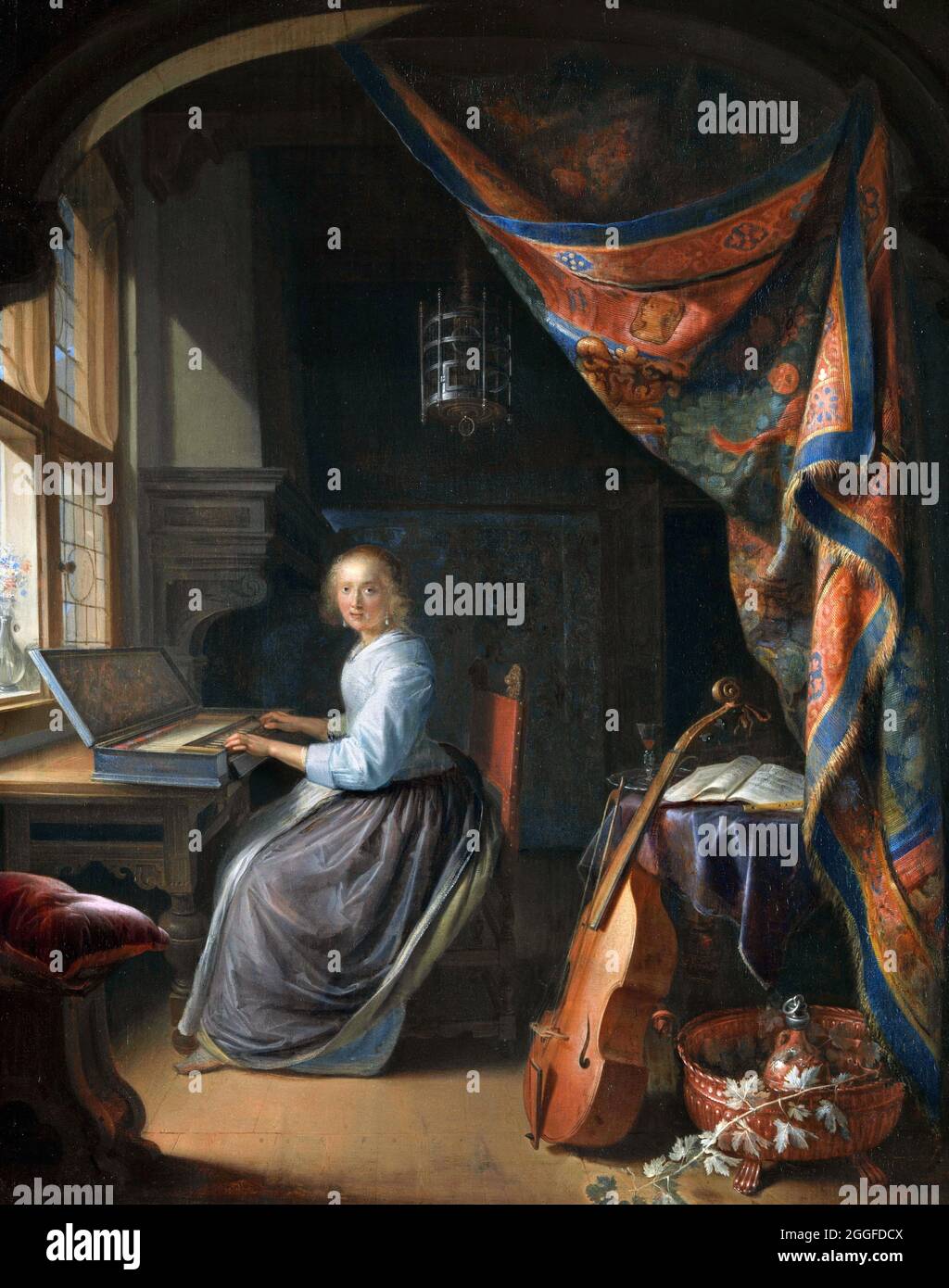 A Woman Playing a Clavichord by Gerrit Dou (1613-1675), oil on panel, c ...