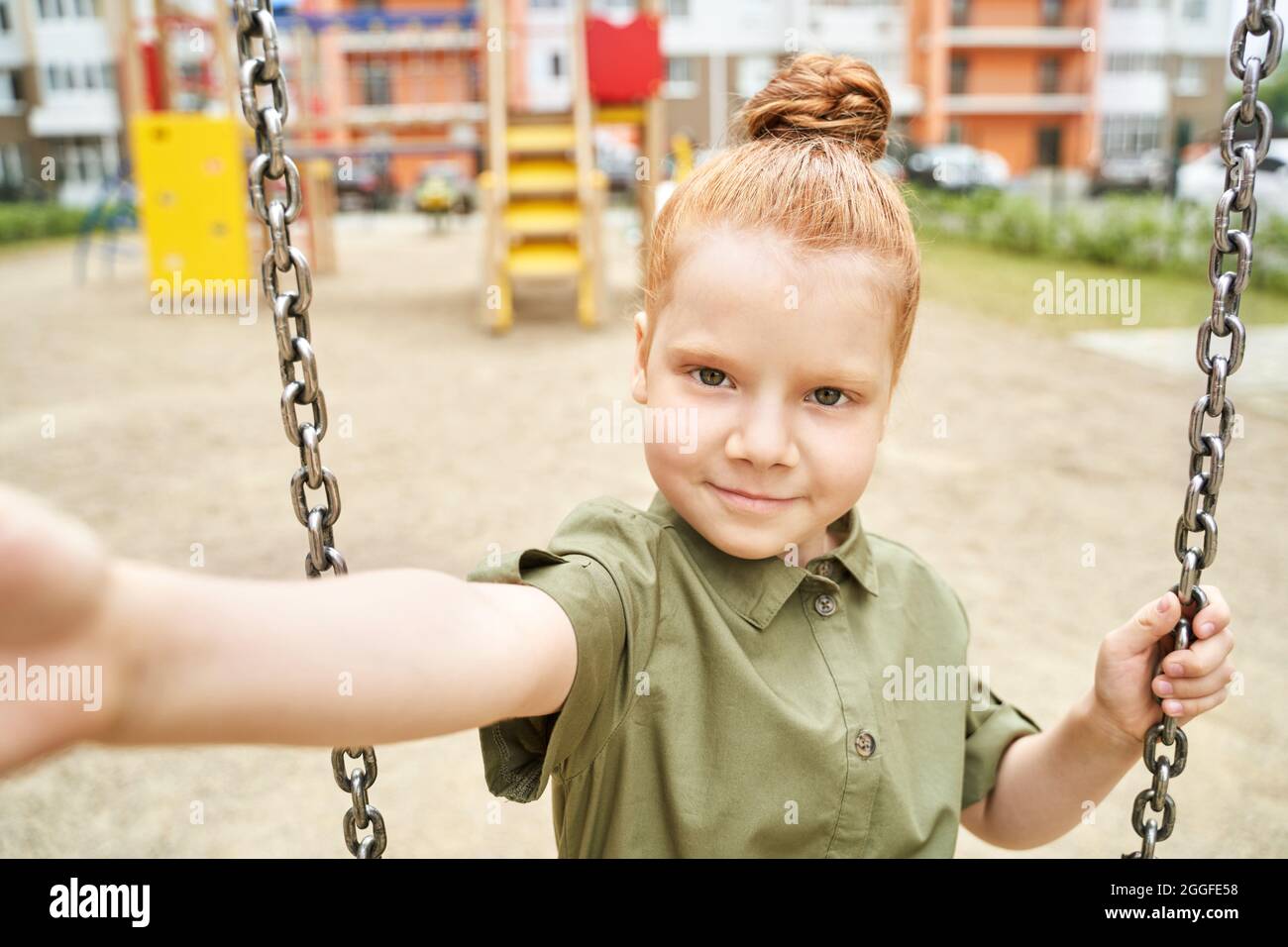 Kid at playground. Pretty face. Cute school child. Active vacation ...