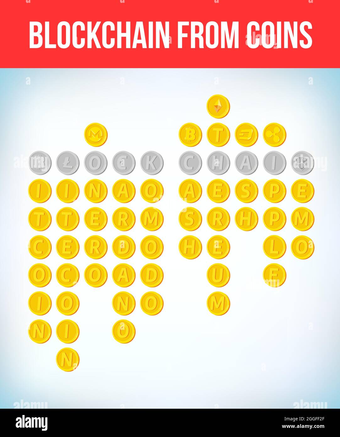 Block chain text consisting from different cryptocurrency coins. Symbol ...