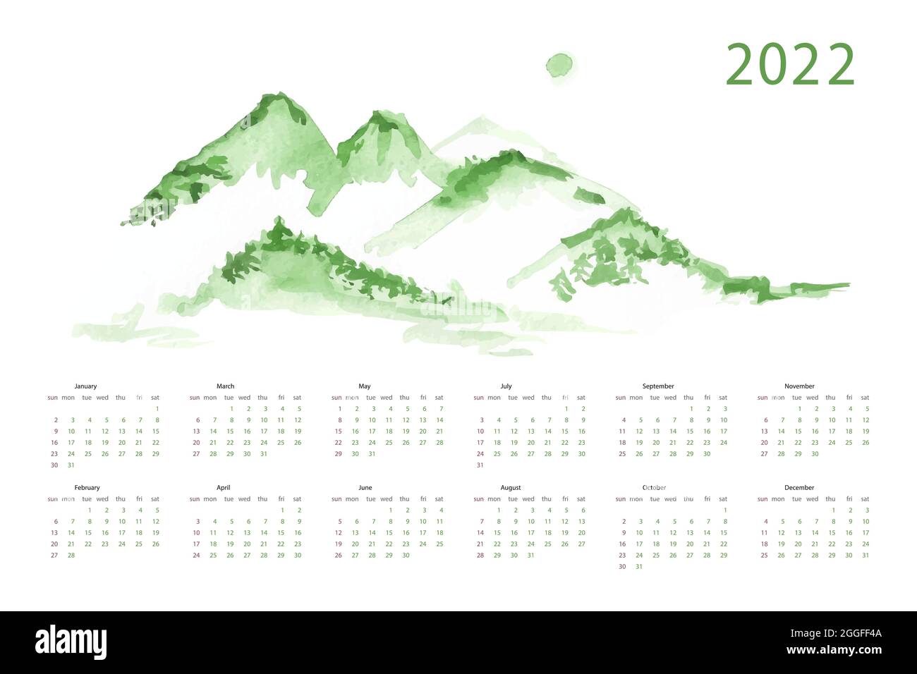 Calendar for 2022 with green watercolor Chinese mountains. Vector ...