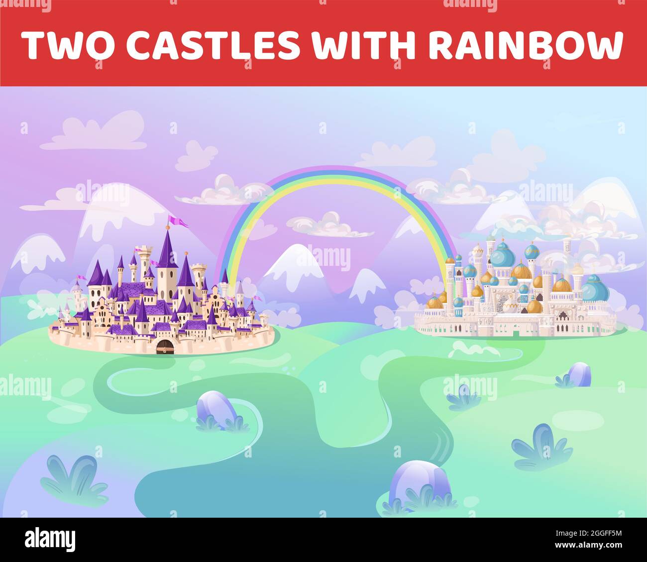 FairyTale cartoon castle. Cute cartoon castle. Fantasy fairy tale palace with rainbow. Vector ...