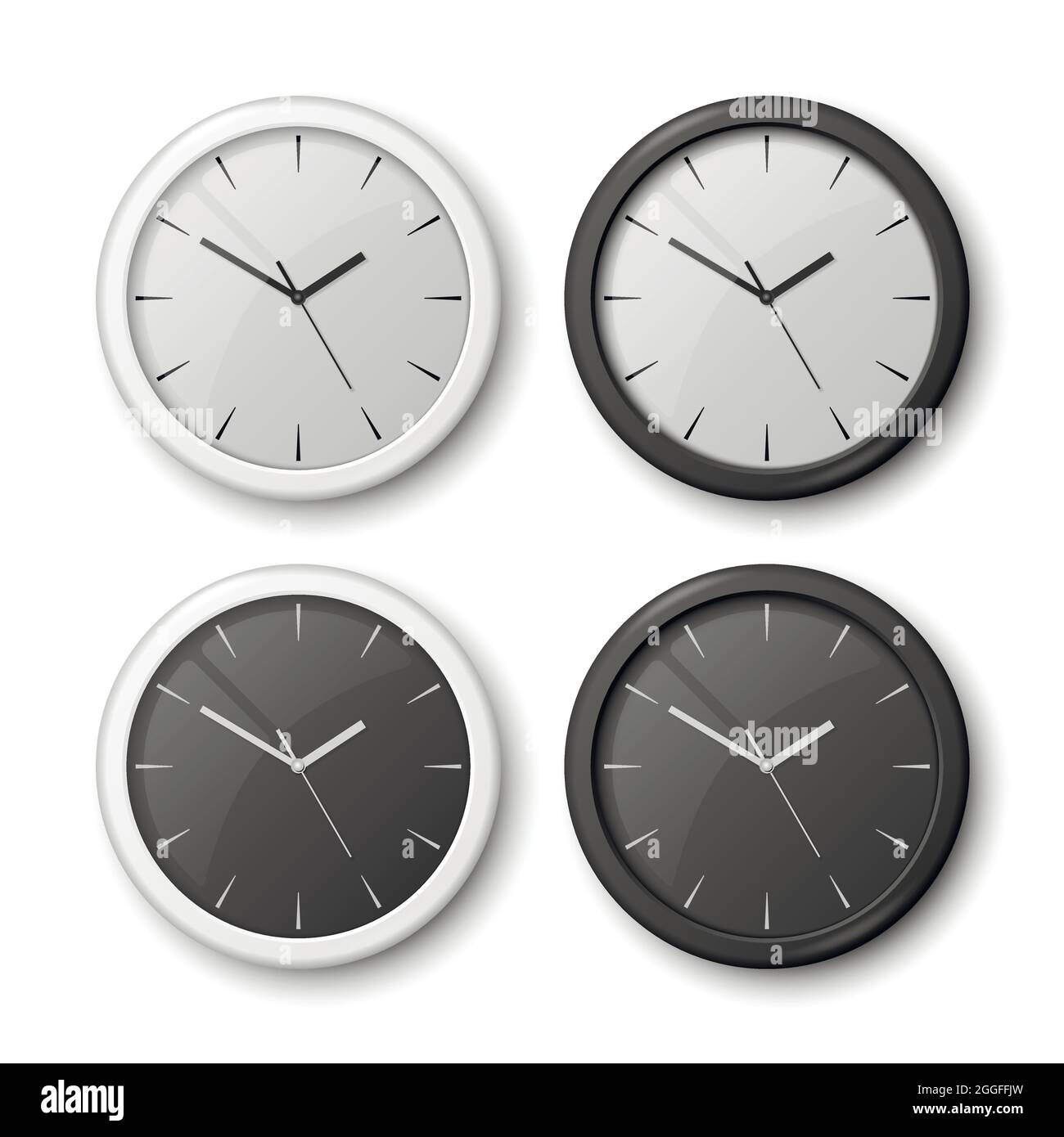 Vector 3d Realistic White, Black Wall Office Clock Icon Set Isolated ...