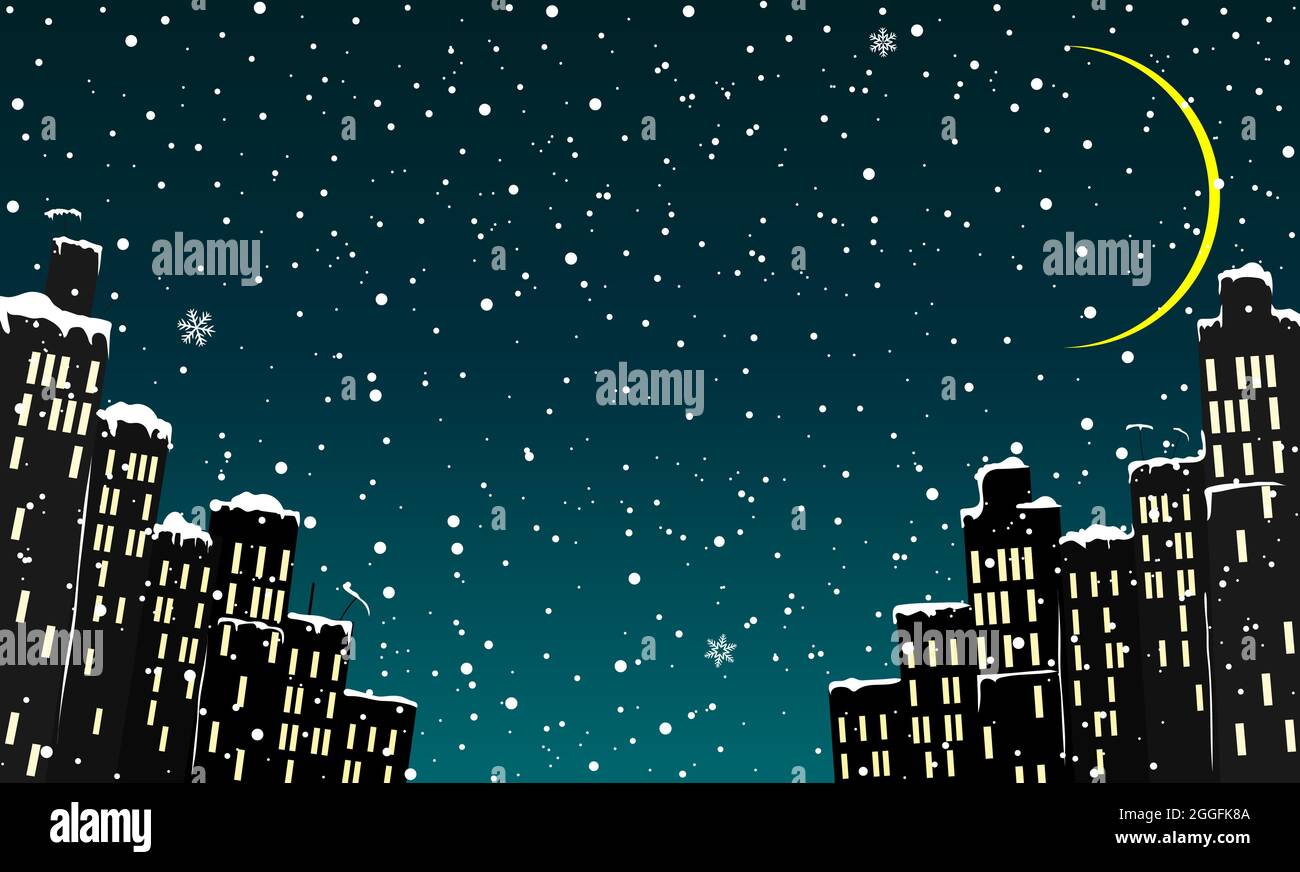 Cartoon city on the background of the winter night sky. Snowflakes ...
