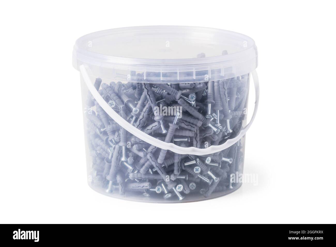 Dowel-nails are packed in a transparent plastic bucket with a lid Stock ...