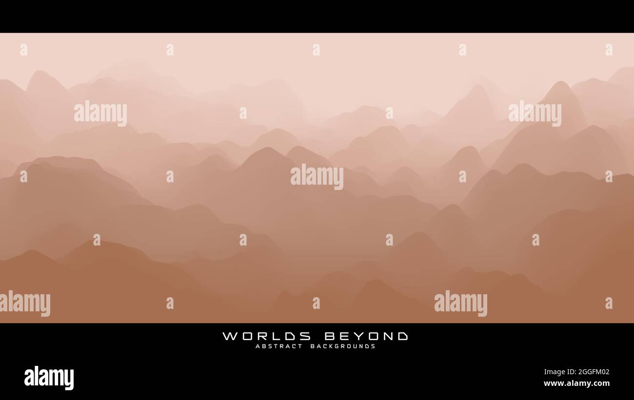 Abstract beige landscape with misty fog till horizon over mountain ...