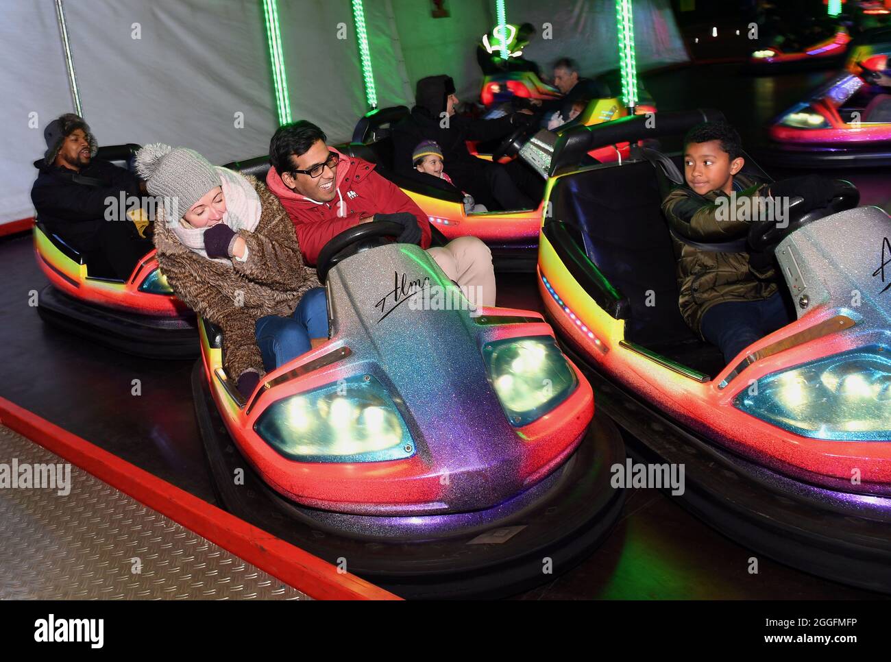 Family on fairground funfair dodgem cars ride Birmingham, Britain, Uk ...