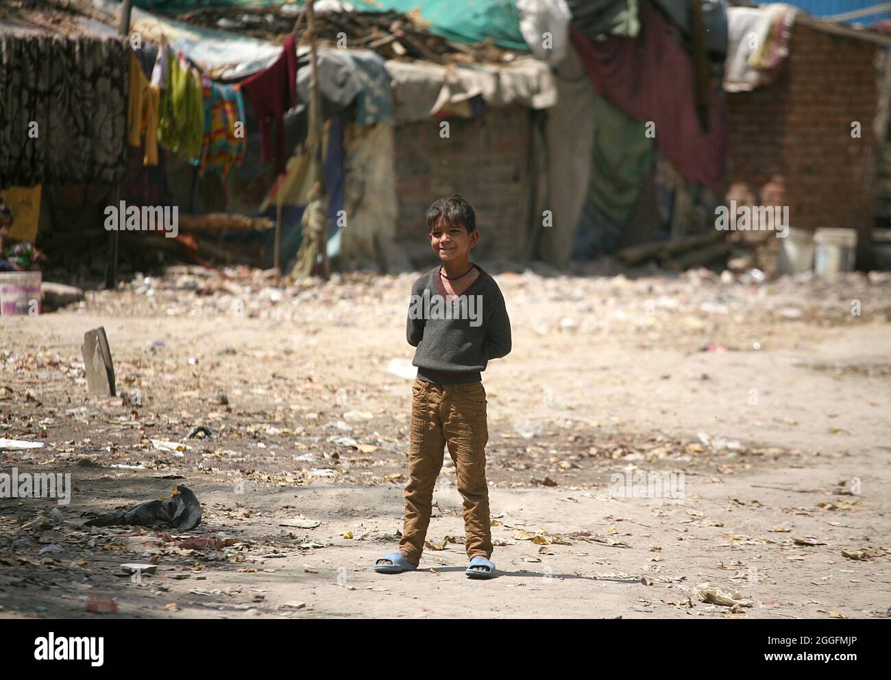 A general view of a slum area near Shakurbasti Railway station in New ...