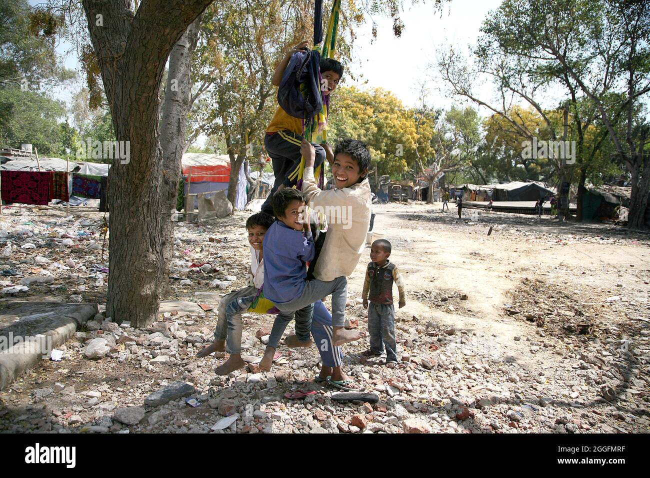 A general view of a slum area near Shakurbasti Railway station in New ...