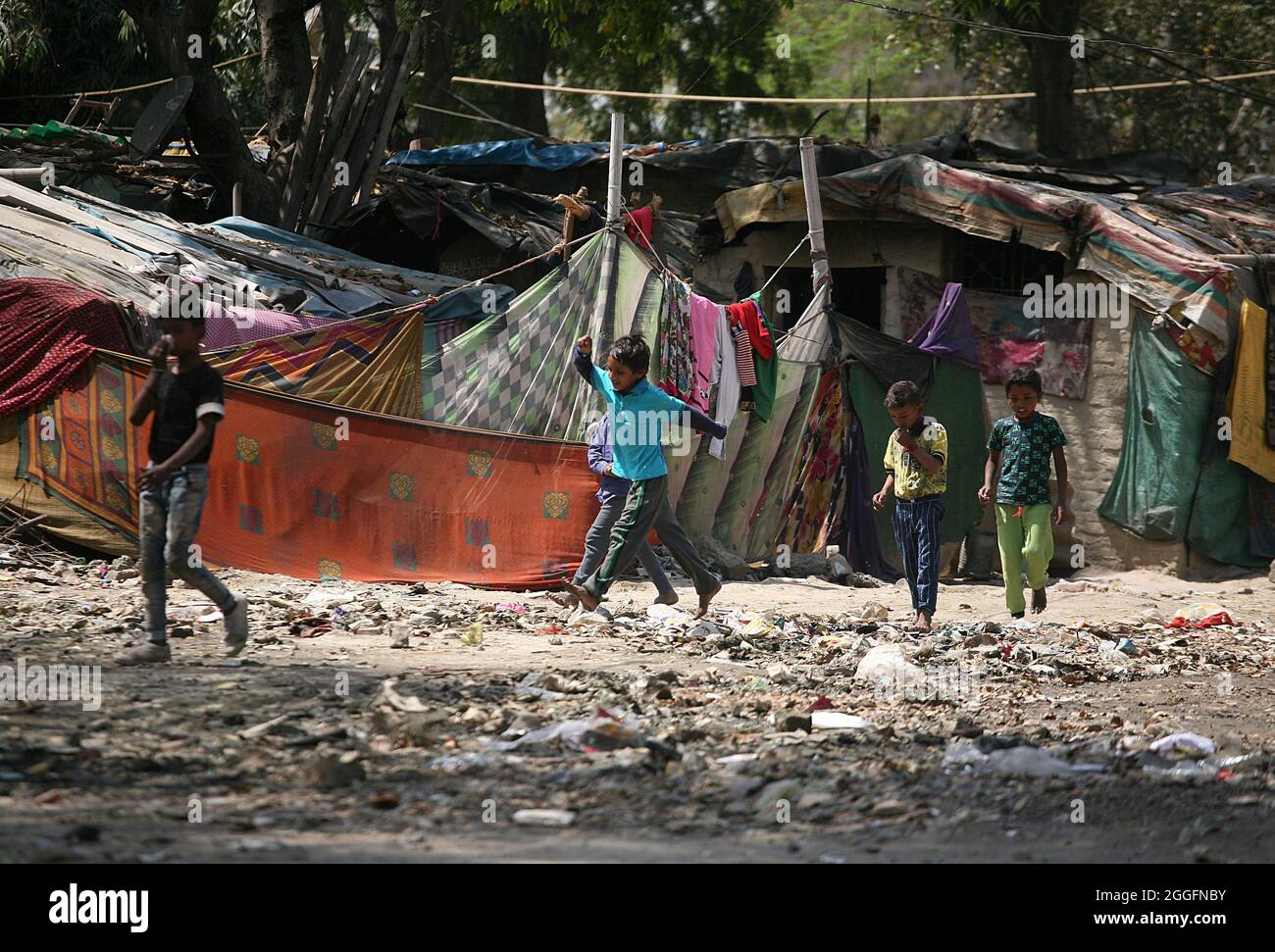 A general view of a slum area near Shakurbasti Railway station in New ...