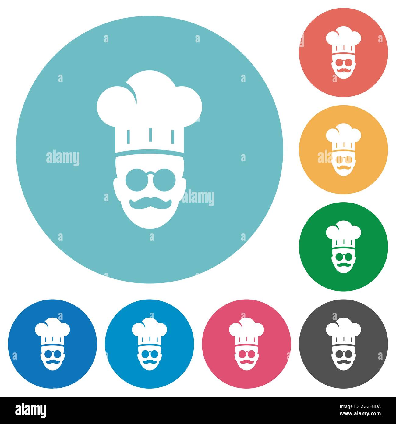 master chef with glasses and mustache flat white icons on round color ...