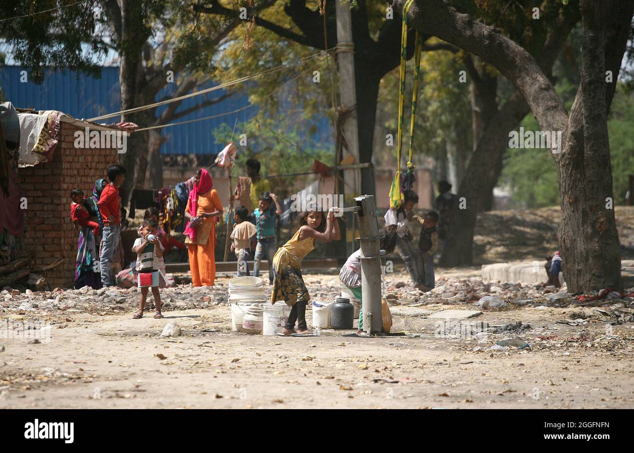 A general view of a slum area near Shakurbasti Railway station in New ...