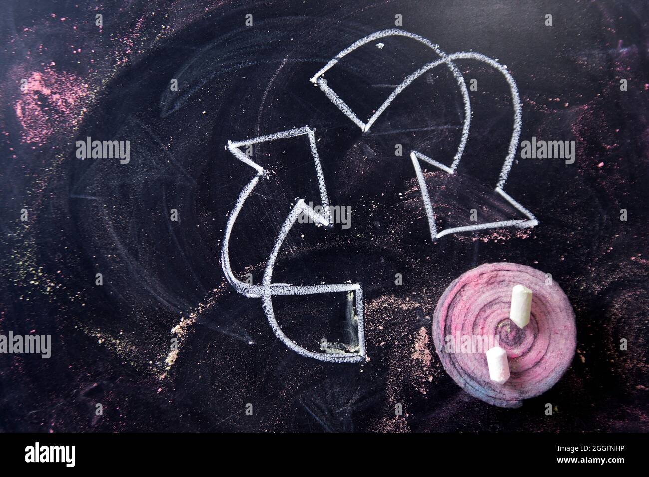 The operation of the recycle symbol drawn with chalk on blackboard ...
