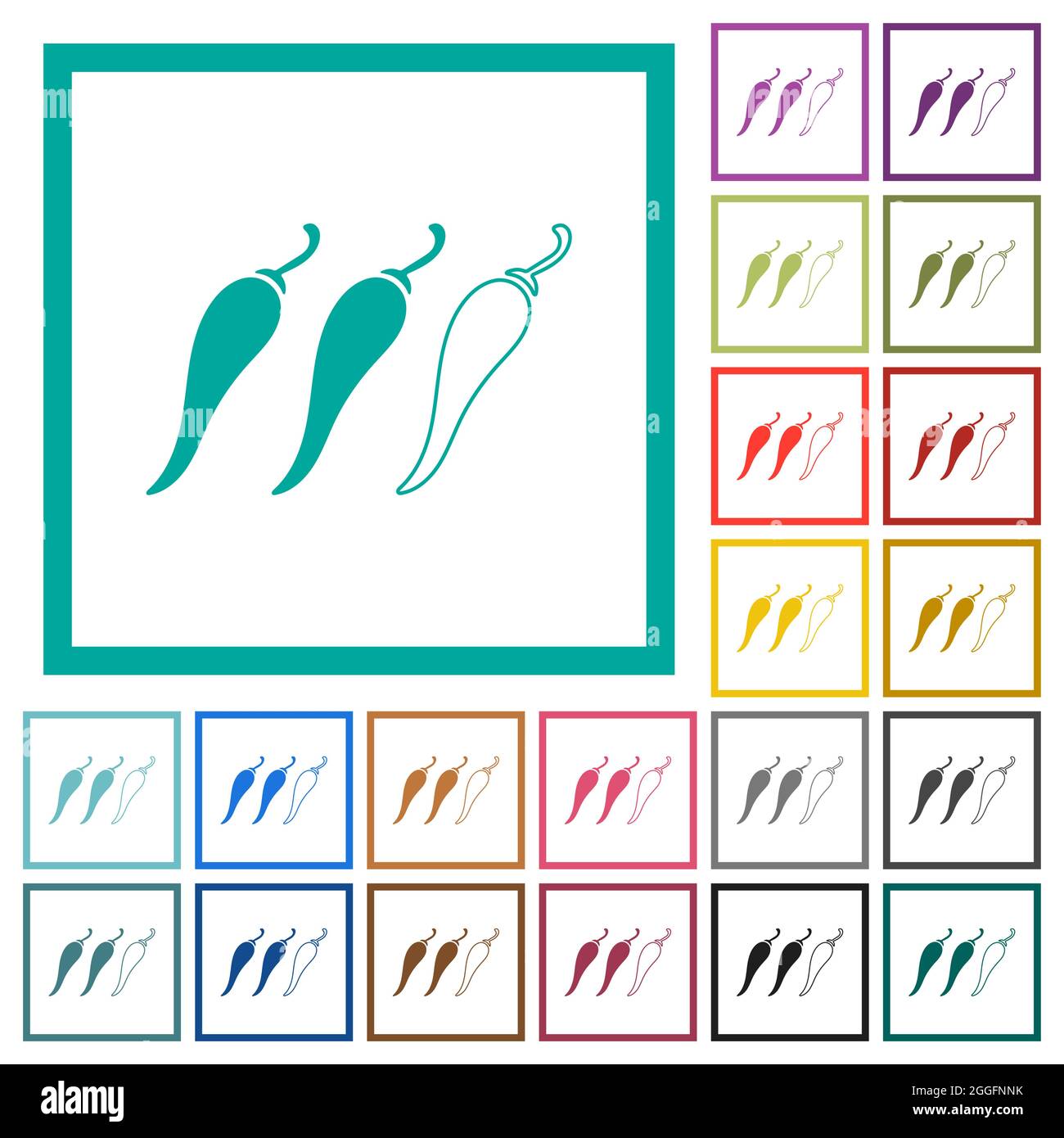 Spicy chili pepper level flat color icons with quadrant frames on white ...