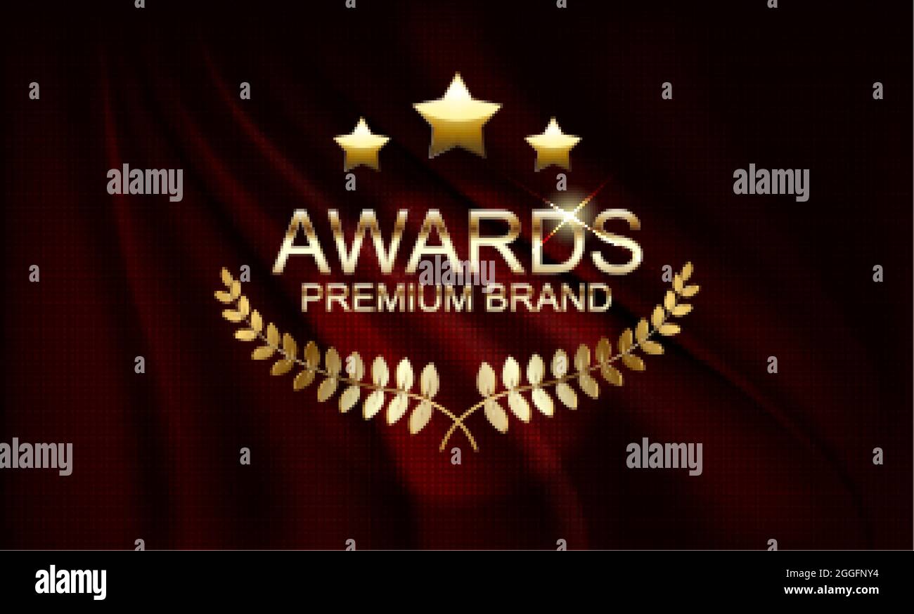 Golden award sign with laurel wreath and podium isolated on red curtain ...