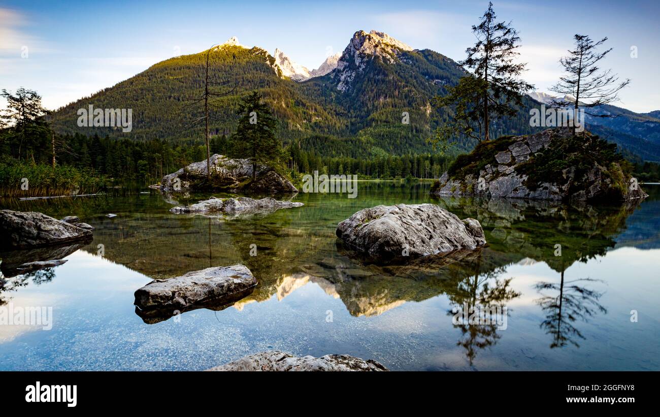 The lake Hintersee in the bavarian Alps at Ramsau in Germany Stock ...