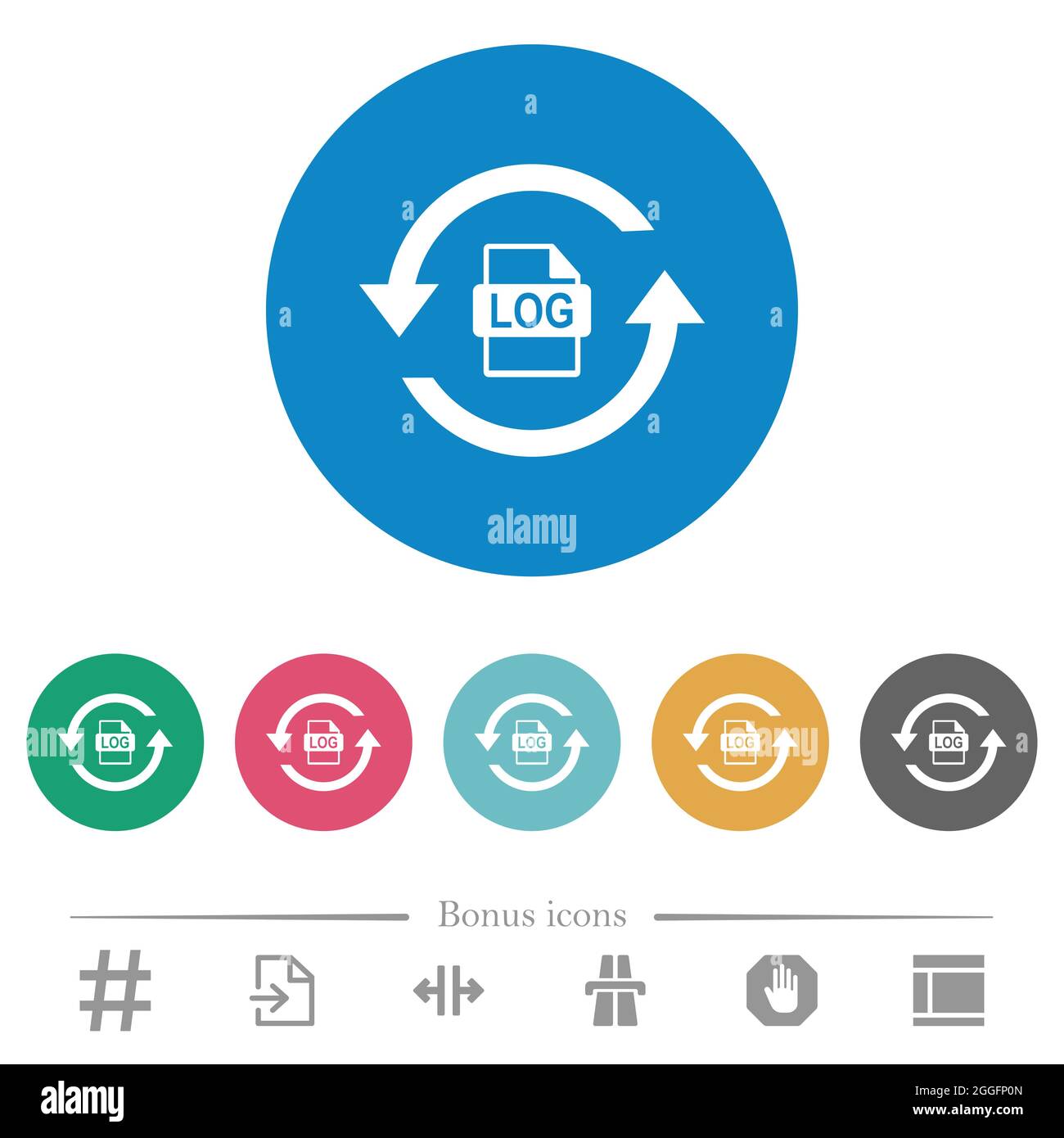Log file rotation flat white icons on round color backgrounds. 6 bonus ...
