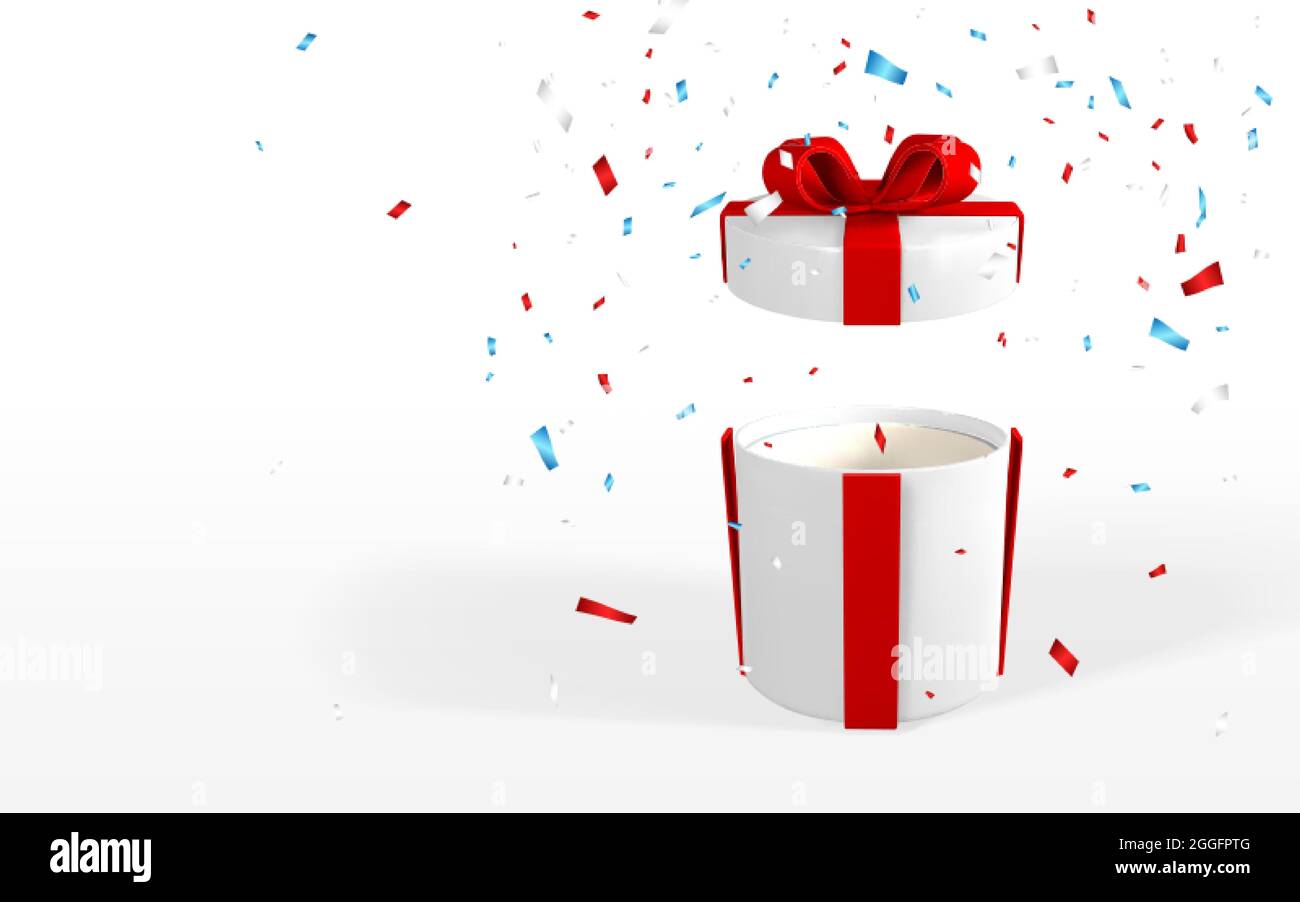 3D realistic white open gift box with red bow. Paper box with ribbon ...