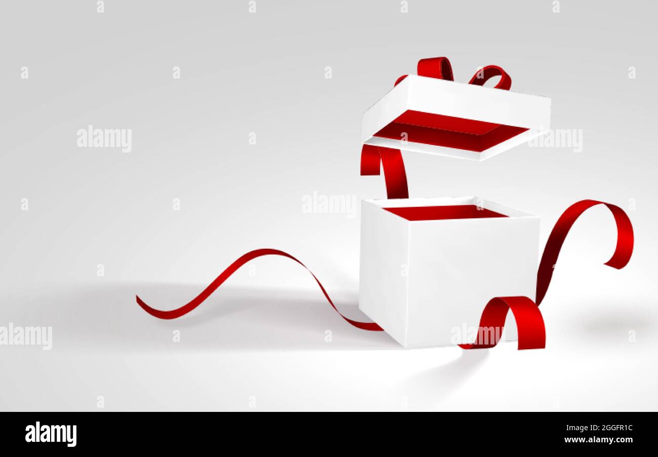 3D realistic paper white gift box with red ribbon and bow. Open Paper ...