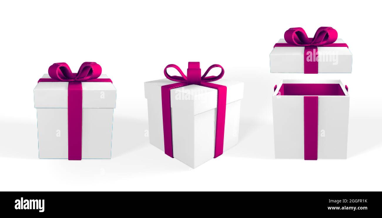 3D render realistic gift box with purple bow. Paper box with ribbon and ...