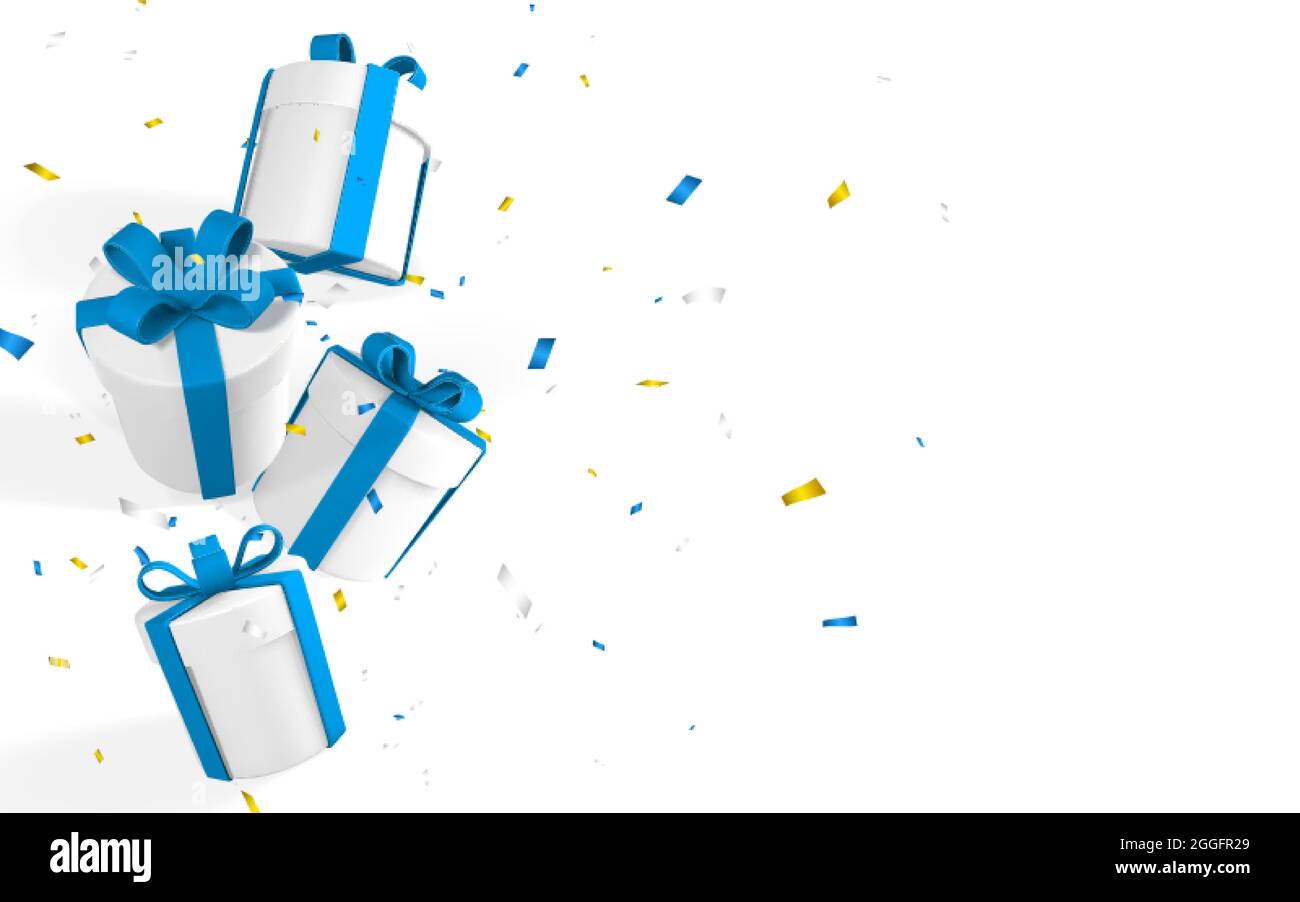 3D realistic paper white gift boxes with blue ribbon and bow. Paper ...